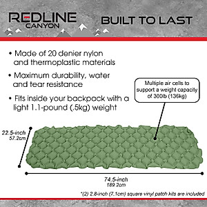 Redline Canyon Camping Sleeping Mat - 1.1lb Green Inflatable Camping Pad Backpacking Air Mattress Sleeping Bag Camp Pad