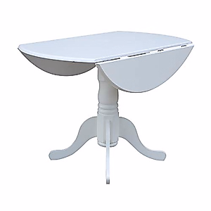 IC International Concepts, 42" Round Dual Drop Leaf Pedestal Dining Table, Solid Real Wood, Sturdy Parawood, White