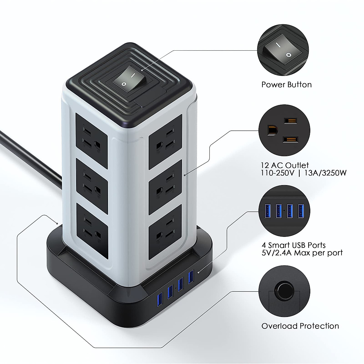 Power Strip Surge Protector with 12 AC Outlets 3250W, 4 USB Ports 1050J and 9.8ft Extension Cord, Power Strip Tower Electric Charging Station for iPhone Tablet Laptops Home Office