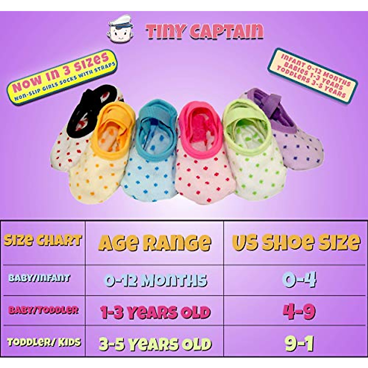 Tiny Captain Baby Toddler Girls Grip Socks 0-12, 1-3, 3-5 Year Old Anti Slip w/Strap Socks Girl 0-5 Yr Old Gift (as1, age, 1_year, 3_years, Rainbow - 6 Pairs)