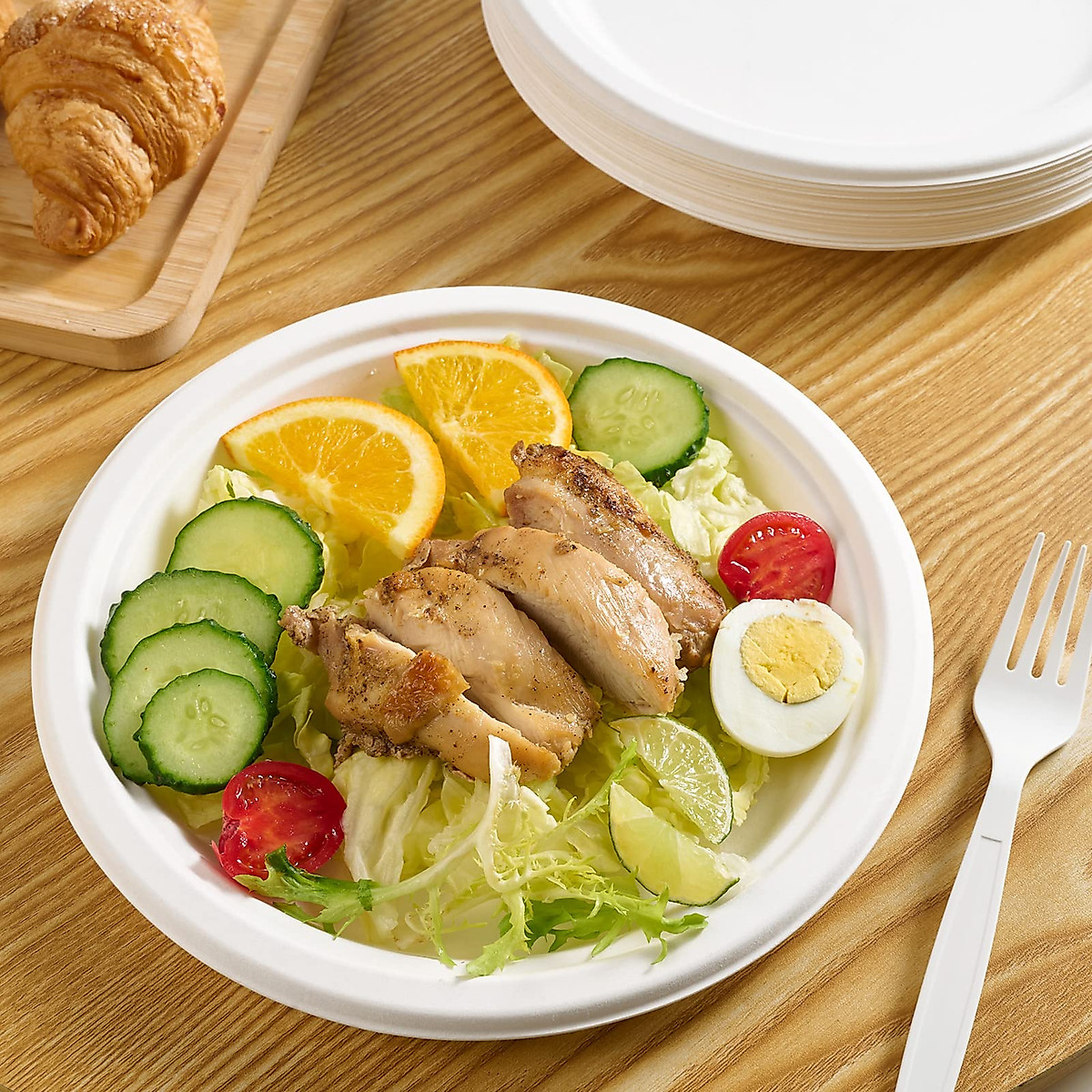 Vplus 150 Pack Paper Plates 9 inch 100% Compostable Plates Heavy-Duty Disposable Paper Plates Bagasse Natural Biodegradable Eco-Friendly Sugarcane Plates（White）