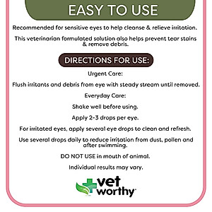 Vet Worthy Eye Wash for Dogs - Gentle Eye Cleansing Solution for Dogs to Prevent Tear Stain and Eye Irritation - Dog Eye Cleaner for Tear Stain, Dirt, and Eye Discharge - 4oz