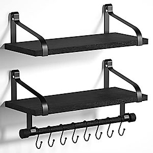 Love-KANKEI Floating Shelves for Coffee Bar,Bathroom Shelves with Towel Bar, Wall Shelves with 8 Hooks for Kitchen, 17.3 Inch Storage Shelves Set of 2 for Bedroom,Living Room，Black