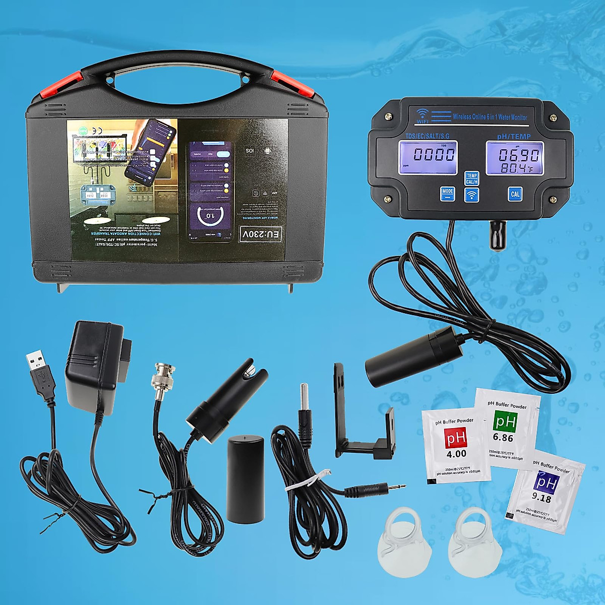 6 in1 PH Meter for Water Hydroponics Accuracy Digital PH Tester pH/EC/TDS/Salt/SG/Temperature Meter with Wireless Wi-Fi PH Monitor via Mobile APP for Household Drinking, Pool and Aquarium