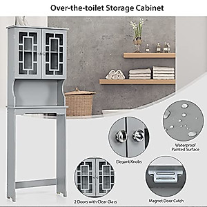 DORTALA Over The Toilet Spacesaver Storage Cabinet, Bathroom Organizer w/ 2 Glass Doors, Adjustable Inner Shelf, Open Bottom Free Standing Shelf Tower Anti-Tip Design, Rack, Gray Grey