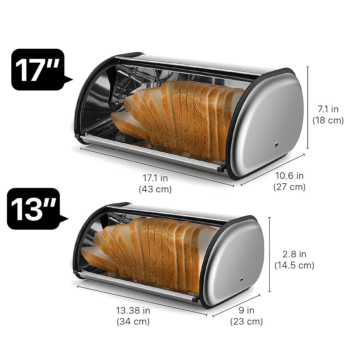 Flexzion Stainless Steel Bread Box for Kitchen Countertop (13 inch) Metal Bread Storage with Roll Up Lid & Front Window for Restaurant & Homemade Cakes, Buns, Pastries, Pancakes, Cookies