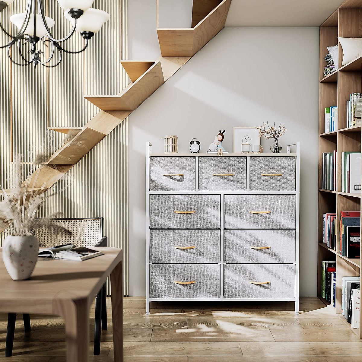 YITAHOME 9-Drawer Fabric Dresser, Furniture Storage Tower Cabinet, Organizer for Bedroom, Living Room, Hallway, Closet & Nursery, Sturdy Steel Frame, Wooden Top, Easy-to-Pull Fabric Bins(Light Grey)