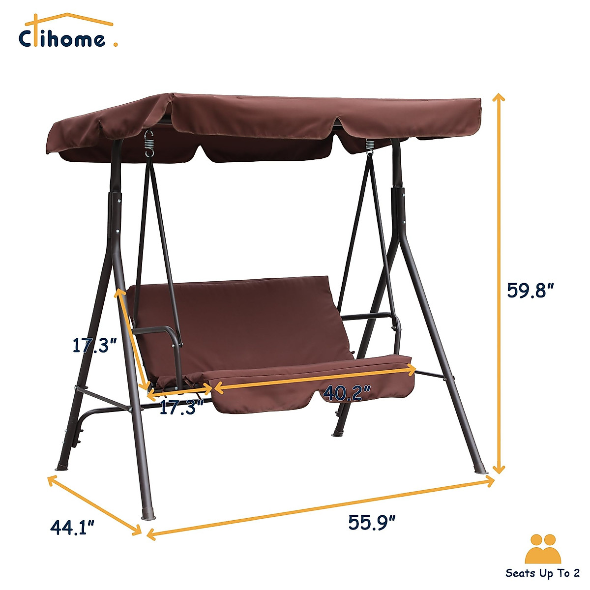 Clihome Porch Swing Chair Outdoor Patio Swing Set 2-Person Swing Chairs for Outside Outdoor Swings for Adults Adjustable Canopy Suitable for Patio, Garden, Poolside, Balcony, Backyard(Brown)