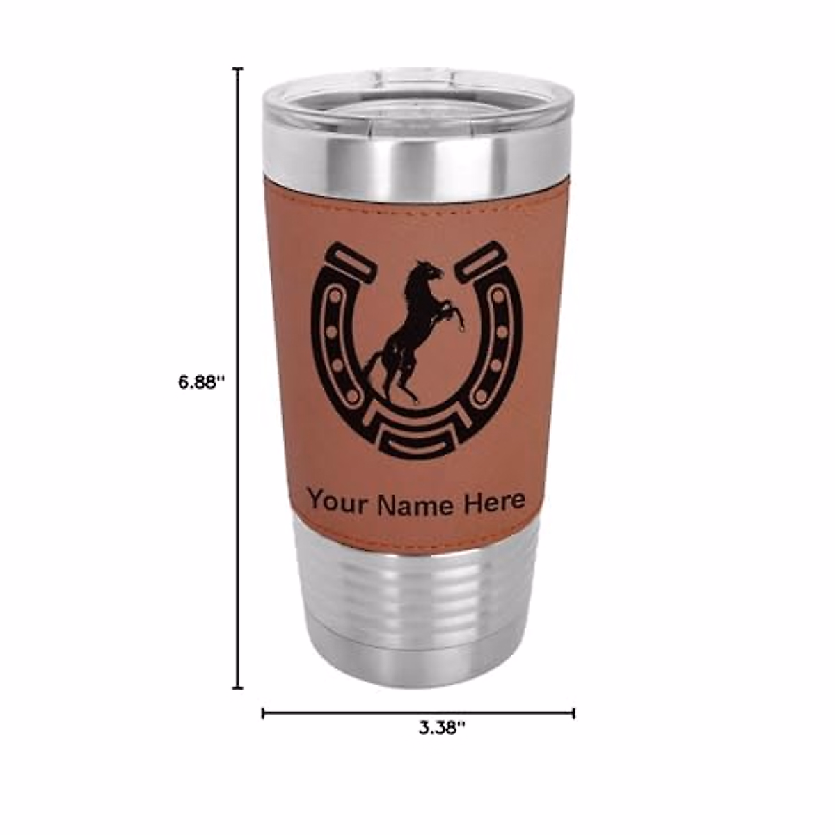 LaserGram 20oz Vacuum Insulated Tumbler Mug, Horseshoe with Horse, Personalized Engraving Included (Faux Leather, Dark Brown)