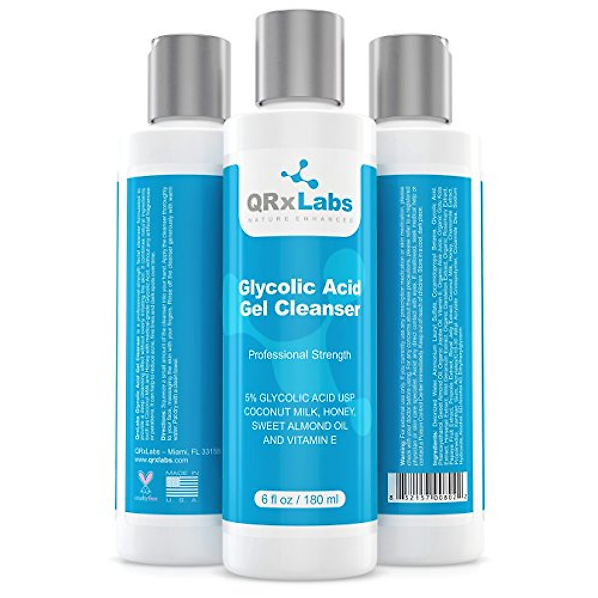 QRxLabs Glycolic Acid Face Wash - Exfoliating Gel Cleanser, Best for Wrinkles, Lines, Acne, Spots & Chemical Peel Prep - Reduces Shaving Bumps and Ingrown Hair - 6 fl oz