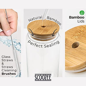 Scoozee Glass Cups with Lids and Straws (Set of 4, 16 oz) - Glass Tumbler with Straw and Lid, Can Shaped Drinking Glasses, Iced Coffee Cup, Beer Glasses - Aesthetic Cute Coffee Bar Gift