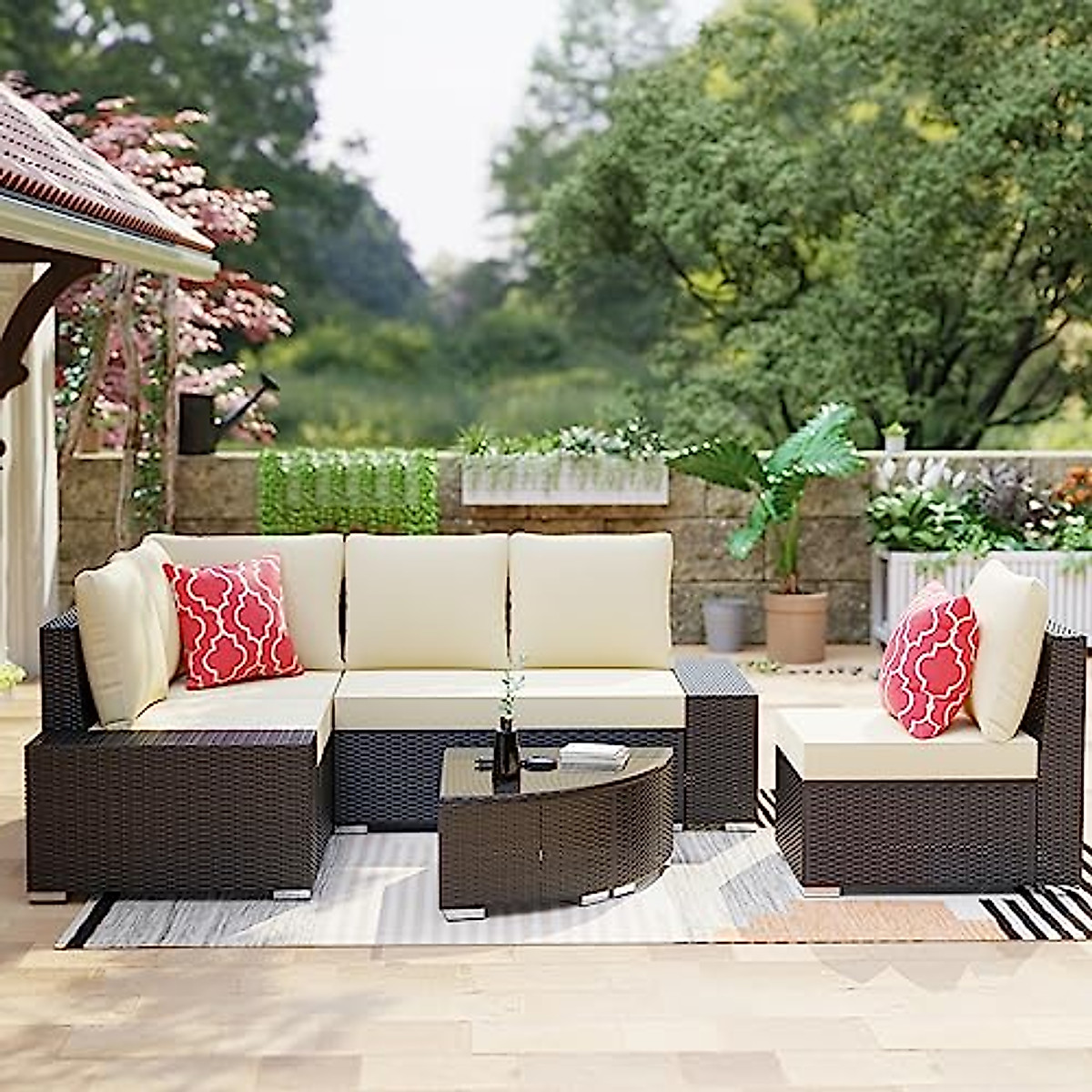 6 Pieces Patio Furniture Set All Weather Outdoor Couch, Modular Outdoor Sectional Sofa, Rattan Wick Patio Conversation Sofa Set with Washable Cushions & Glass Table for Deck, Porch, Backyard, Black