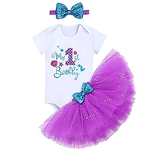 Mermaid 1st Birthday Outfit Baby Girl My First Birthday Cake Smash Photo Shoot Romper Little Mini Tutu Skirt Shiny Headband One Year Old Summer Nautical Ocean Themed Birthday Party Supplies Purple 1T