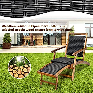 Tangkula Acacia Wood Folding Chaise Lounge Chair, Patiojoy Outdoor Foldable Deck Chair, Portable Wicker Lounger with Retractable Footrest, Collapsible Armchair Ideal for Garden, Poolside, Courtyard