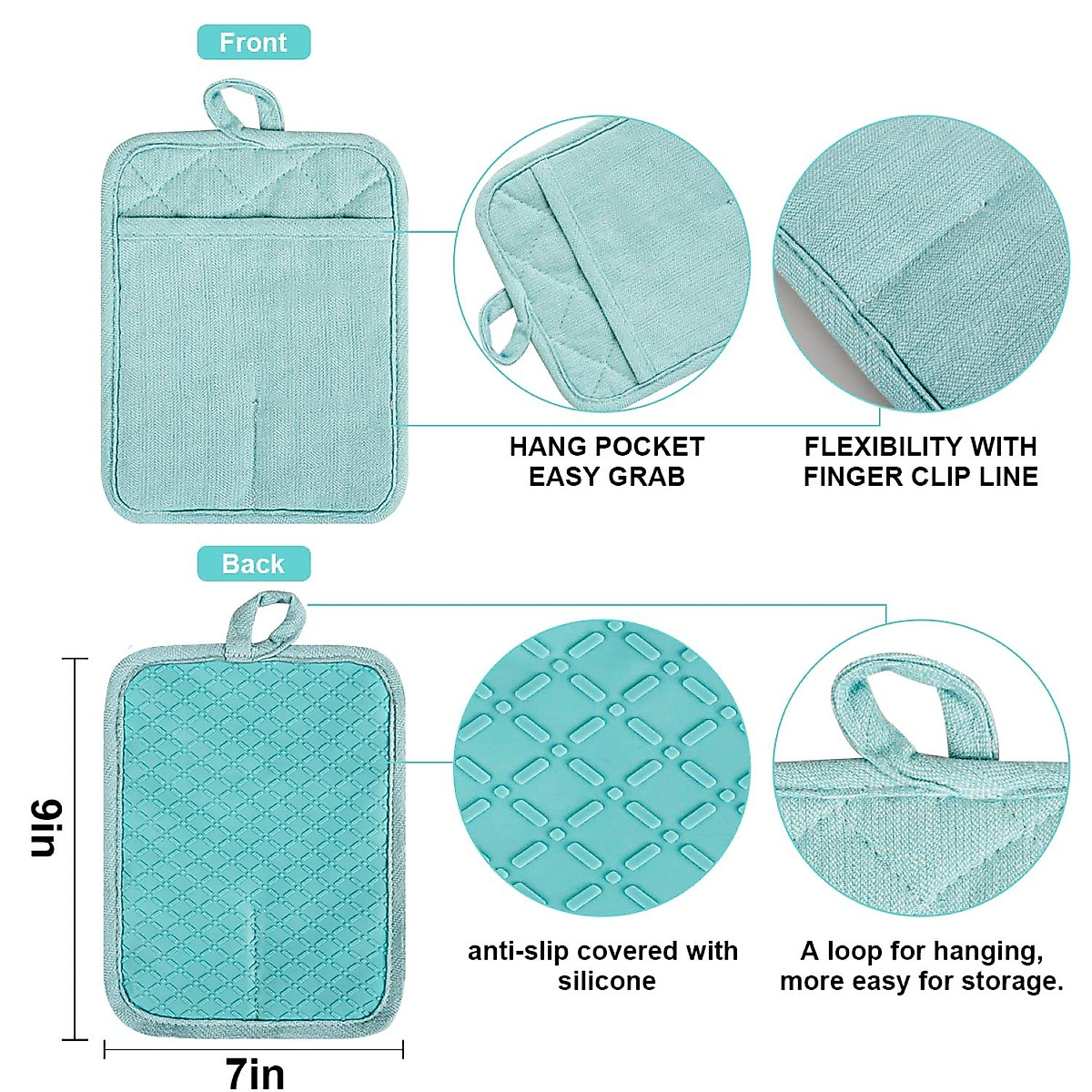 Pot Holders Yarn-Dyed Set of 3 Non Slip Silicone Kitchen Lines Heat Resistant 500℉ Kitchen Gloves BBQ Cooking Baking Cooking Barbecue Microwave Machine Washable (Light Blue Potholders)