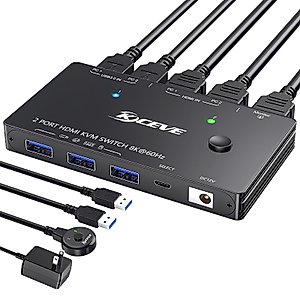 KVM Switch HDMI 2 Port Box, 8K@60Hz USB3.0 HDMI2.1 Switch for 2 Computers Share Keyboard Mouse Printer and one HD Monitor,Support UHD 4K@120Hz,with 2 USB Cable,Power Adapter and Controller