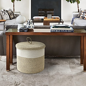 Tegance Blanket Basket with Lid, 16"D x 14"H Large Woven Rope Basket Laundry Basket Baby Toy Storage Basket Hamper Decorative Nursery Bin for Living Room Bedroom with Handles (Brown&White)