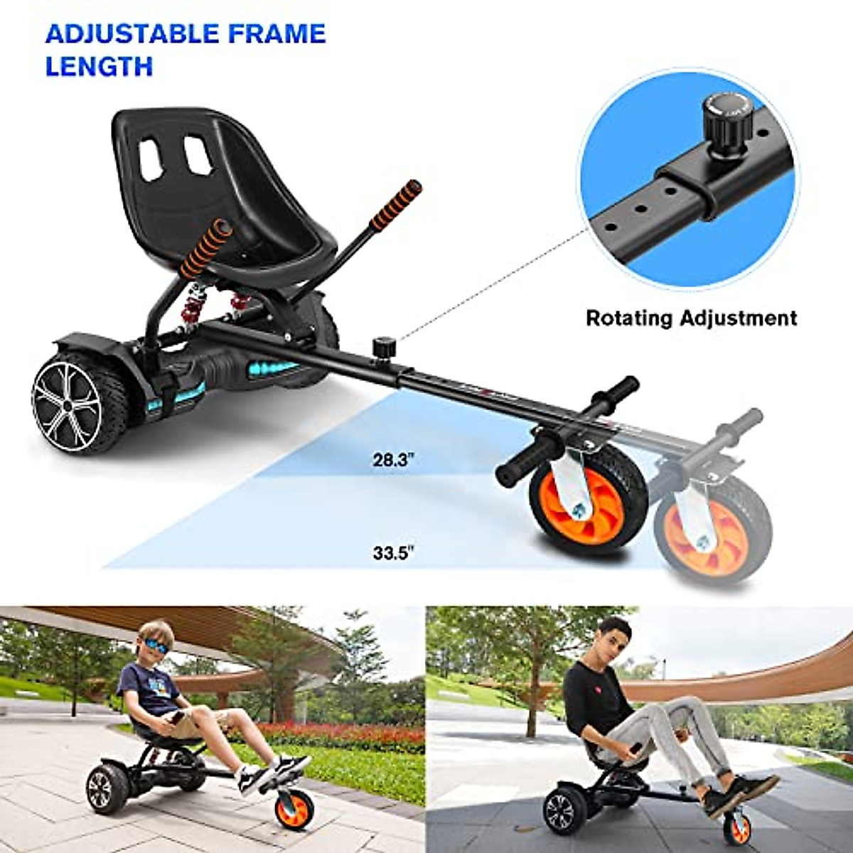 FLYTRAKS K2 Hoverboard Go Kart with Rear Shock Absorption, Hoverboard Seat Attachment Accessory for 6.5" 8" 10" Hover Board, Adjustable Frame Length & Off-Road Rubber Wheel