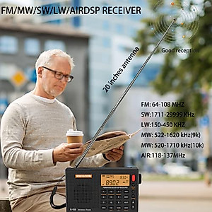 SIHUADON R108 Portable Radio AM FM SW LW Airband Full Band DSP Radio Battery Operated with Headphone Antenna Jack Sleep Time and Alarm Clock 500 Memory Preset for Parents by RADIWOW (Black)