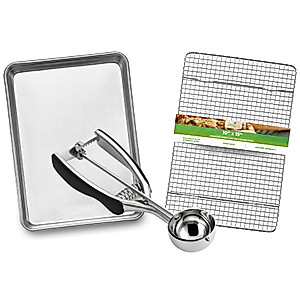 Cookie Bundle - Spring Chef 10”x15” Stainless Steel Cooling Rack, Aluminum Baking Pan & Cookie Scoop