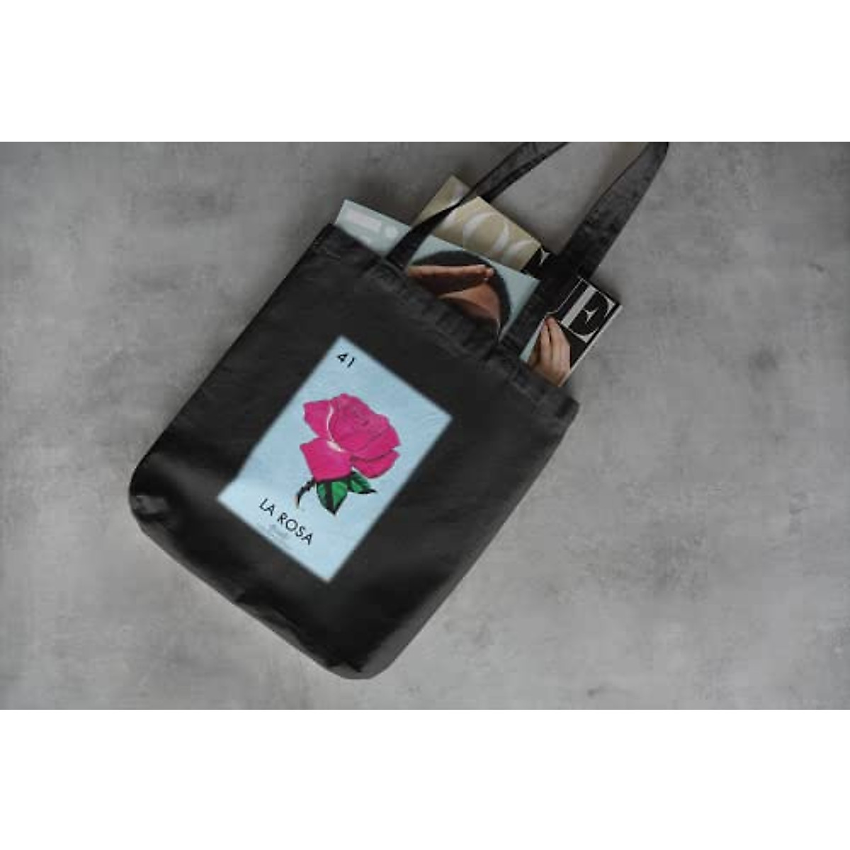 Pop Threads La Rosa Rose Loteria Card Mexican Bingo Black 15x15 inches Large Canvas Tote Bag