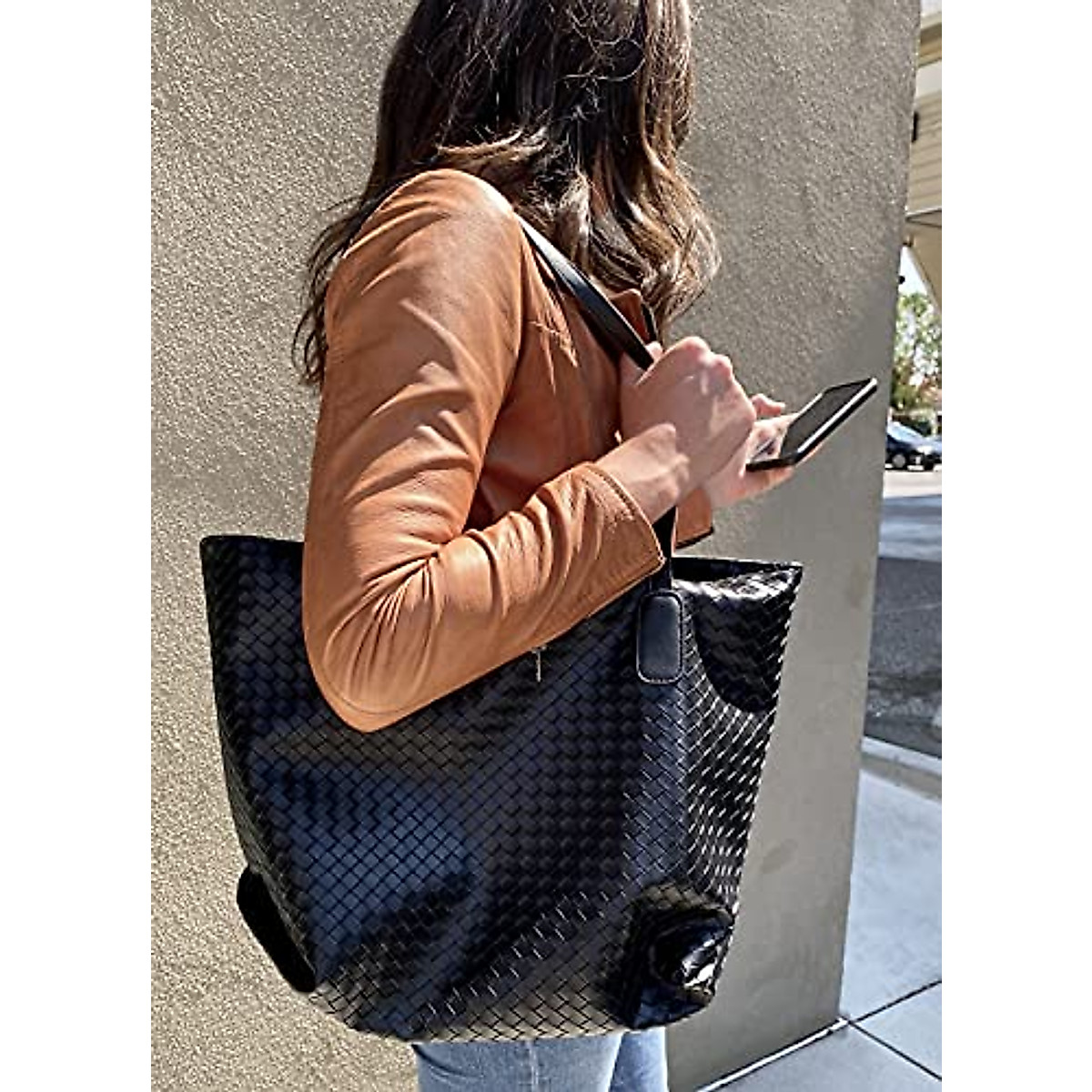 Bella Luna Women’s Large Woven Shoulder Tote Handbag (Black)