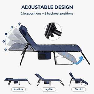 HOMSHADE Folding Outdoor Chaise Lounge Chair - Beach Tanning Lounger with 5-Level Adjustable Backrest, 2-Level Footrest, Removable Pillow, Side Pocket, 330lb Weight Capacity for Poolside, Lawn, Blue