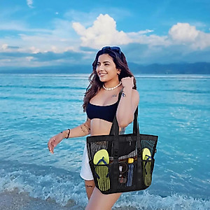 Tainehs Mesh Beach Tote Large Bag Shopping bags Grocery bag 2023 Upgrade for Women with Multiple Pockets for Family Shopping Travel Swimming Waterproof Pool Bag Black