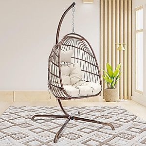 Bulexyard Swing Egg Chair with Stand Indoor Outdoor Wicker Rattan Patio Basket Hanging Chair with UV Resistant Cushions 350lbs Capacity for Bedroom Balcony Patio (Brown)