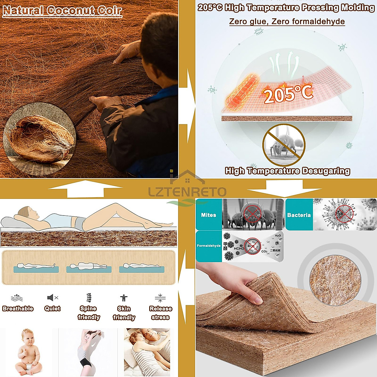 LZTENRETO Firm Coir Mattress, 3E Coconut Coir Mattress Pad, Quiet Coconut Palm Mattress, Thick Coir Mattress Pad in 6cm,9cm,11cm, Foldable (White-B,120x200x6cm(47"x80"x2.4"))