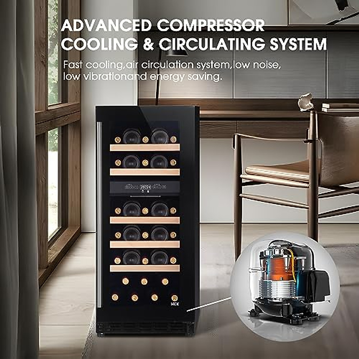 HCK Wine Fridge Dual Zone, Wine Cooler Refrigerator 15 Inch, 29 Bottle, Built-In or Freestanding Under Counter Wine Fridge with LED Light for Wine, Champagne, Home, Kitchen, Office
