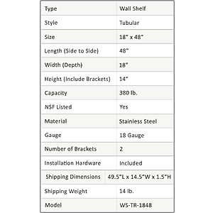 AmGood 48" Long X 18" Deep Stainless Steel Tubular Wall Shelf | NSF Certified | Appliance & Equipment Metal Shelving | Kitchen, Restaurant, Garage, Laundry, Utility Room