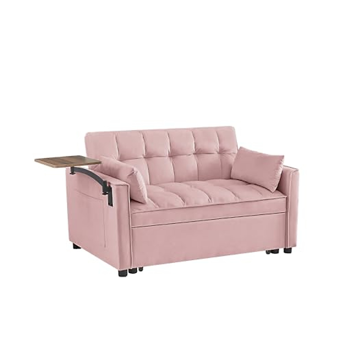 Comfy Velvet Tufted Upholstered Sofa Loveseat Convertible Futon Sofabed,Love Seat W/Pull Out Sleeper Couch Bed and 360 Adjustable Side Table for Coffee & Computer, Modern Compact Daybed