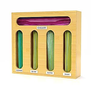 VenDotbi Bamboo Ziplock Bag Organizer for Drawer, Storage Bag Organizer, Plastic Bag Organizer 5 Slot Baggie Organizer for Kitchen Compatible with Gallon, Quart, Sandwich & Snack Variety Bags-Natural