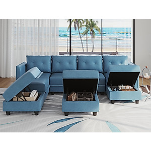 LLappuil Modular Sectional Couch with Reversible Chaise Faux Leather Fabric Oversized 8 Seater U Shaped Sectional with Storage Convertible Sofa Sleeper Couch, Navy Blue