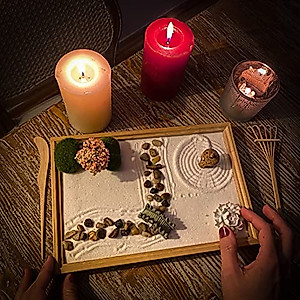 Zen Garden Kit for Desk, 11x7.5 Inches Japanese Zen Garden with Large Bamboo Tray, White Sand, Rake Tools Set, Small River Rocks, Meditation Accessories, Mini Zen Garden Gift Set for Office