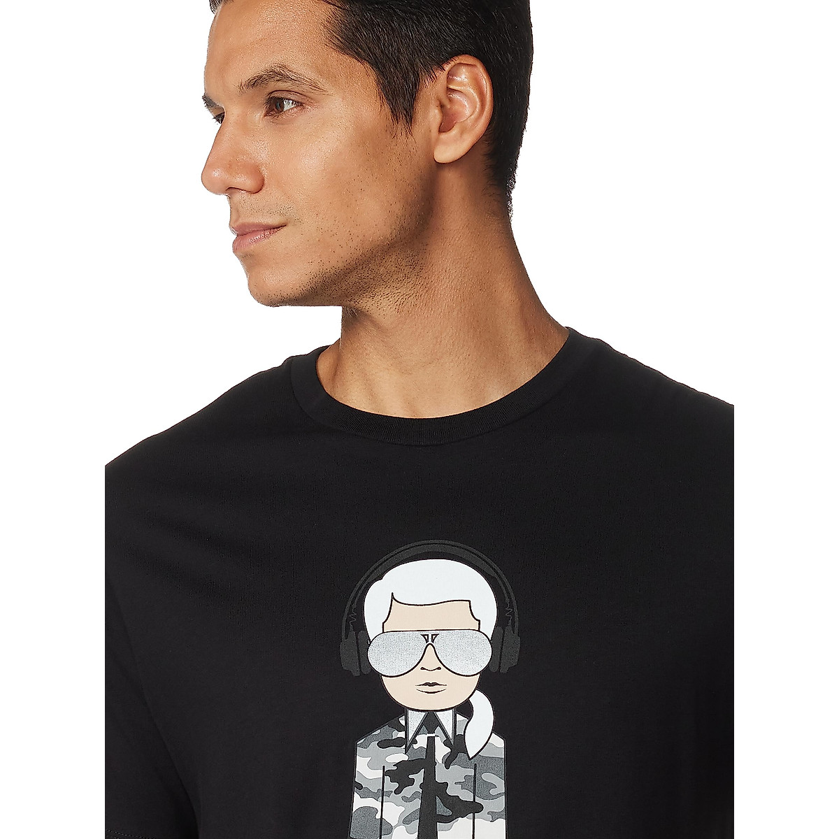Karl Lagerfeld Paris mens Reflective Karl Chacracter With Headphones Short Sleeve Crew Neck T-shirt T Shirt, Black, Large US