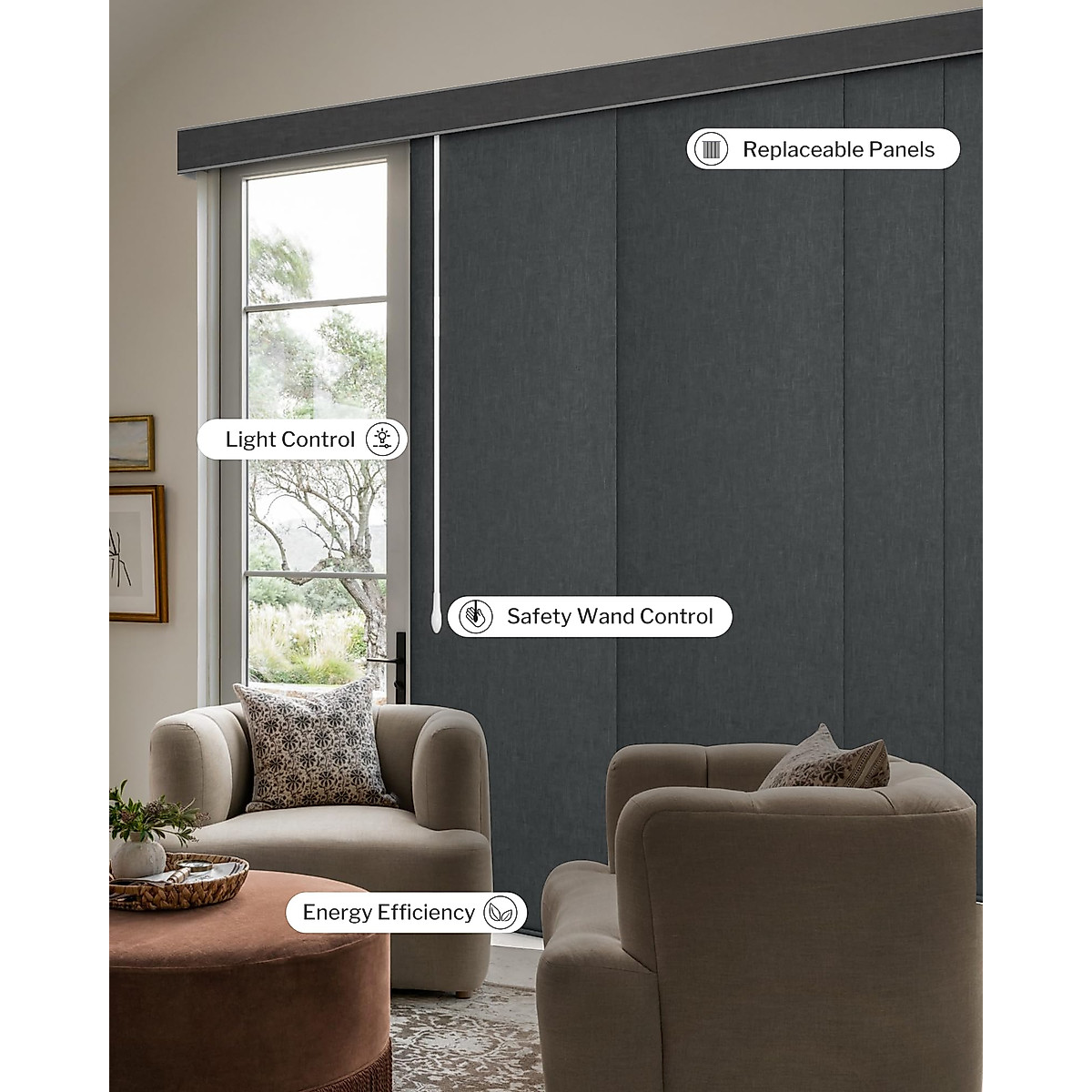 Graywind Manual Sliding Panels 100% Blackout Privacy Panel Track Blinds Wand Control Window Blinds for Patio Sliding Glass Door Large Windows Width Up to 153", Custom Size (Dark Grey)