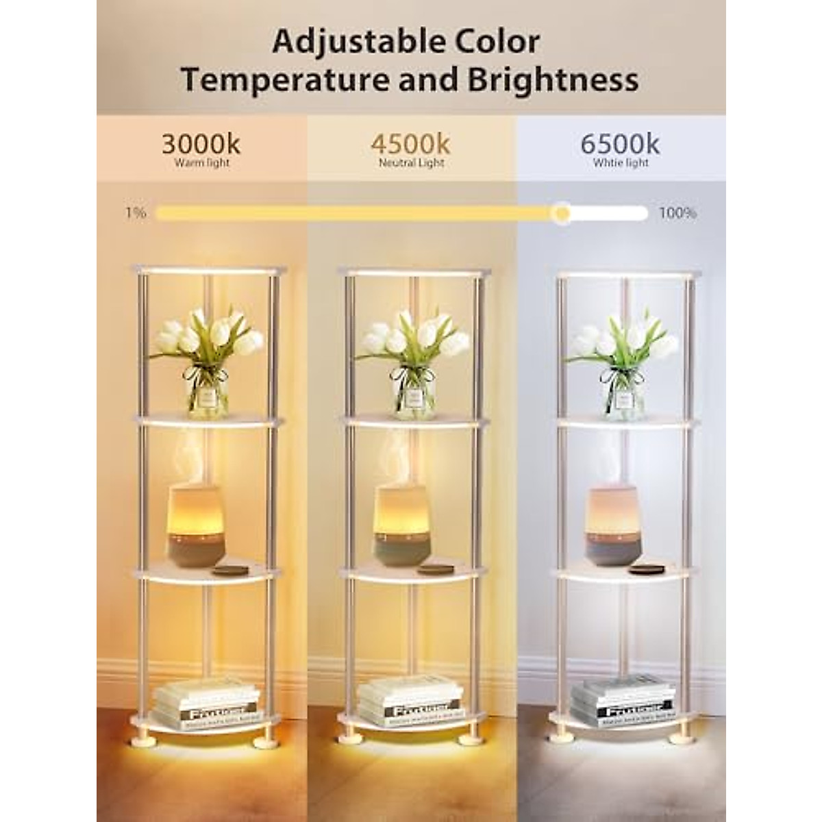 HOPEDAMAI Floor Lamp with Shelves Height Adjustable RGB Tall Lamp with Music Sync, Charging Stationl, Dimmable and Timing LED Corner Standing Lamp for Bedroom White 4-Tier