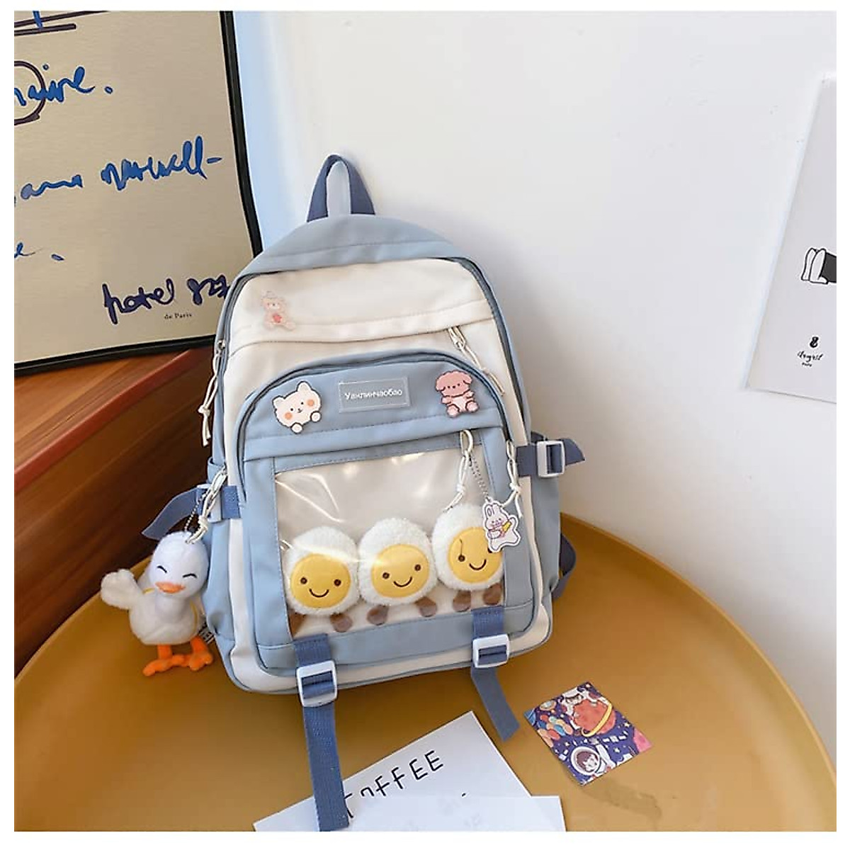 HACODAN Kawaii Backpack Ita Bag Lovely Pin Bag Japanese Aesthetic with Cute Pendant and Pins for Girls High School Book Bags for School (Blue)