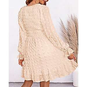 BTFBM Women V Neck Smocked Short Dress Long Sleeve Flowy Casual SwissDot Ruffle Mini Babydoll Spring Summer Dresses 2024(Solid Apricot, XX-Large)