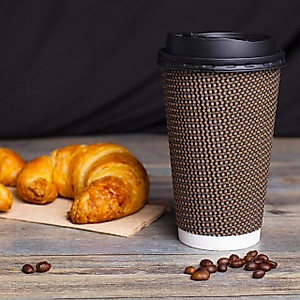 Promora Brown Disposable Coffee Cups With Lids 16 oz, Premium Insulated Paper Ripple Cups for Hot Coffee, Paper Cups 16 oz Coffee Cups 16 oz, Hot Cups With Lids 16 oz, Paper Coffee Cups (80 Pack)