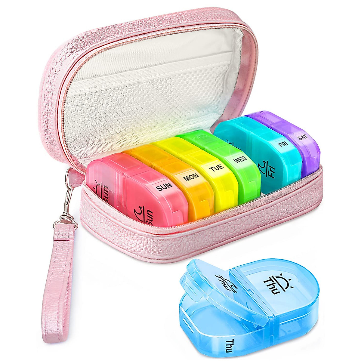 AMOOS Cute Pill Organizer 2 Times a Day, PU Leather Pill Case for Women, Portable Weekly Pill Box for Purse with Storage Bag to Hold Vitamins, Medications, Fish Oils, Supplements (Pink)