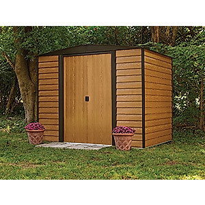 Arrow Shed WR86 Arrow Woodridge Low Gable Steel, Coffee/Woodgrain 8 x 6 ft. Storage Shed & AK600 Earth Anchor Kit, Steel-Stainless
