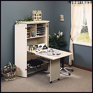 Sauder Harbor View Craft and Sewing Armoire with Table, Antiqued White finish