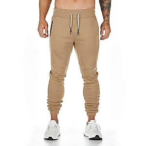AOTORR Men's Slim Fit Joggers Casual Slim Sweatpants Workout Running Track Pants with Zipper Pockets Khaki L