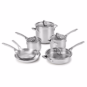 Calphalon 10-Piece Pots and Pans Set, Stainless Steel Kitchen Cookware with Stay-Cool Handles, Dishwasher Safe, Silver