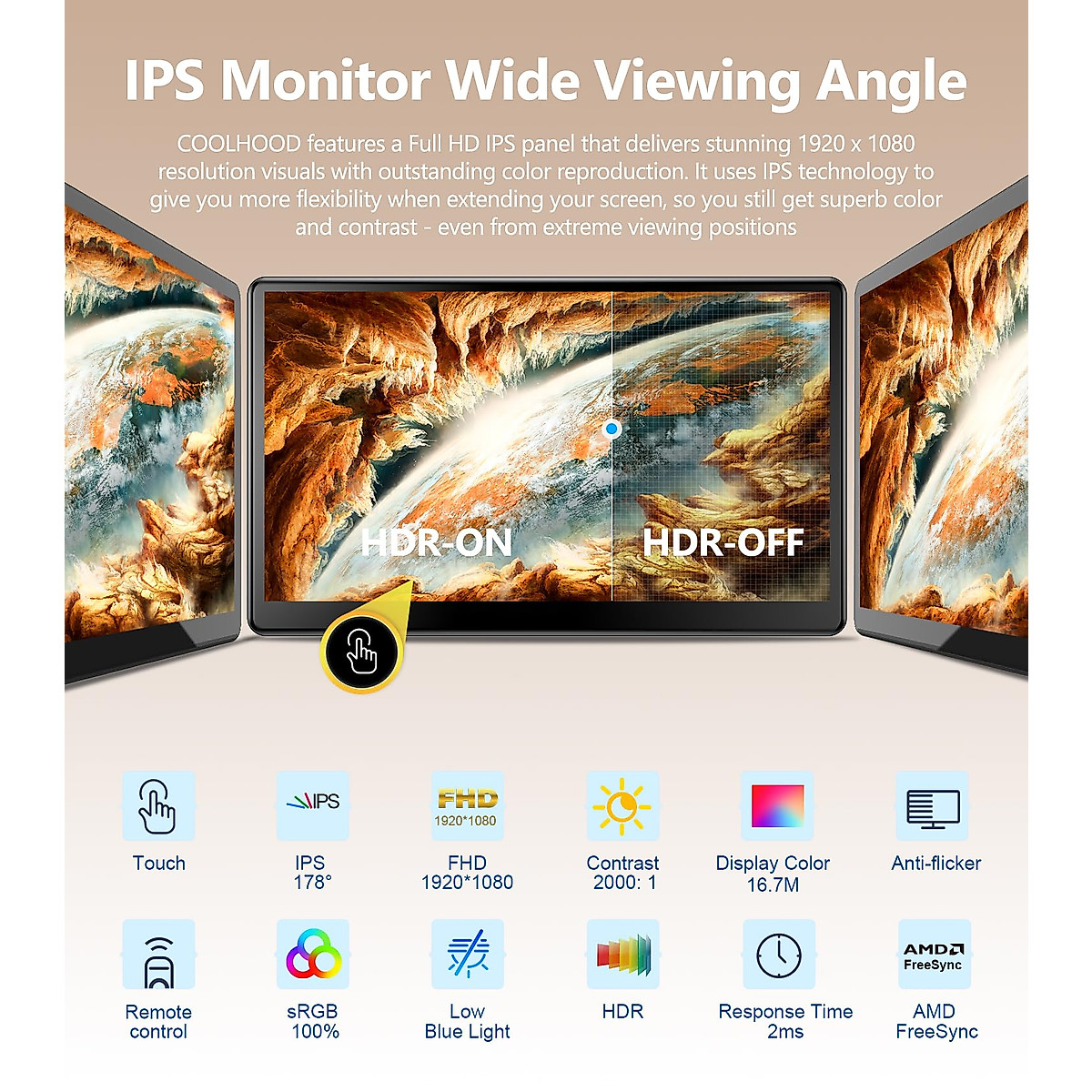COOLHOOD Touchscreen Monitor 15.6 Inch FHD1920×1080P IPS HDR 60Hz Touch Screen Monitor HDMI VGA DVI Touch Monitor with 10-Point Multi-Touch VESA Monitor with Speakers Touchscreen for Laptop Mini PC