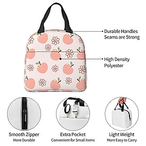 Echoserein Peach Fruit Happy Flower Pink Lunch Bag For Women Girls Insulated Lunch Box Reusable Lunchbox Waterproof Portable Lunch Tote
