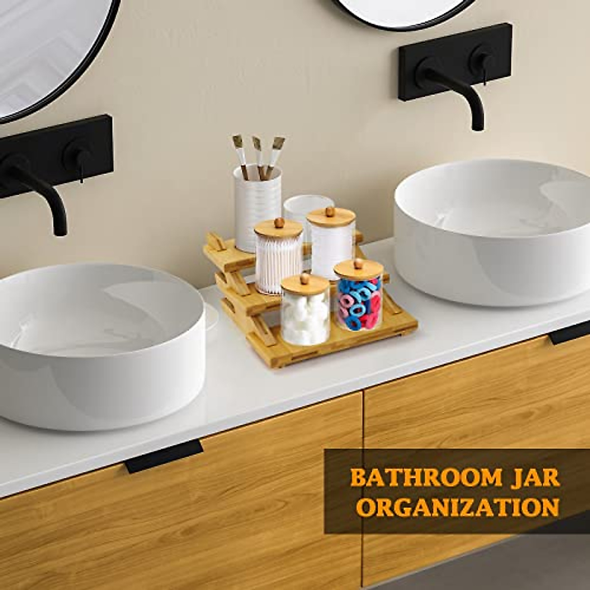 FTUREERA Qtip Holder Storage Organizer, 3 Layer Cotton Ball Holder Apothecary Jars Storage Rack for Bathroom，Suitable for 6 Pack Bathroom Jars up to 2.8 Inches in Diameter